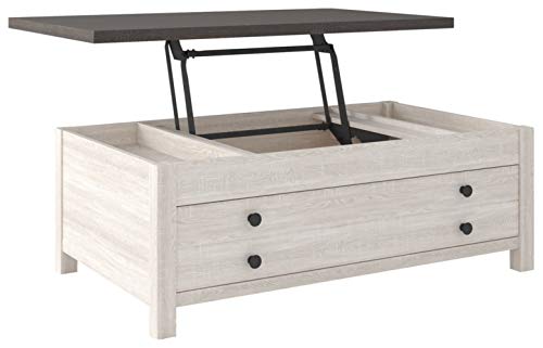 Signature Design by Ashley Dorrinson Farmhouse Lift Top Coffee Table with Storage, Antique White & Brown
