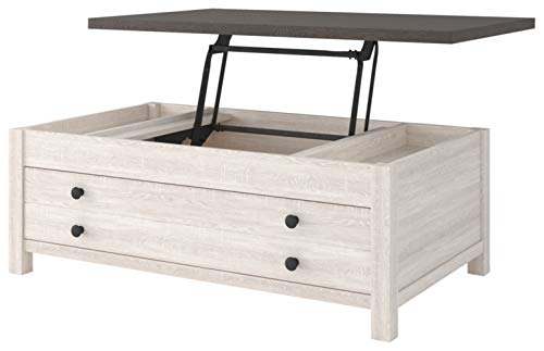 Signature Design by Ashley Dorrinson Farmhouse Lift Top Coffee Table with Storage, Antique White & Brown