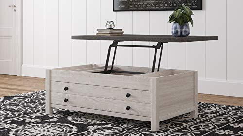Signature Design by Ashley Dorrinson Farmhouse Lift Top Coffee Table with Storage, Antique White & Brown