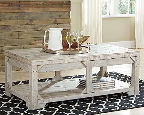 Signature Ashley Farmhouse Lift Top Coffee Table and End Table Set | Whitewash Weathered Finish