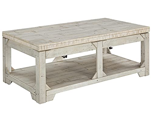 Signature Ashley Farmhouse Lift Top Coffee Table and End Table Set | Whitewash Weathered Finish