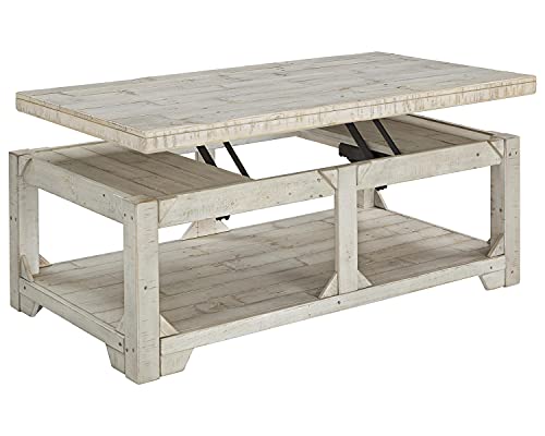 Signature Ashley Farmhouse Lift Top Coffee Table and End Table Set | Whitewash Weathered Finish