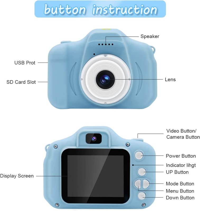 Kids Camera, 1080P Video 2.0-inch Screen Front and Rear Camera Digital Cameras for Boys and Girls Gift Age 3-9 Years,Blue