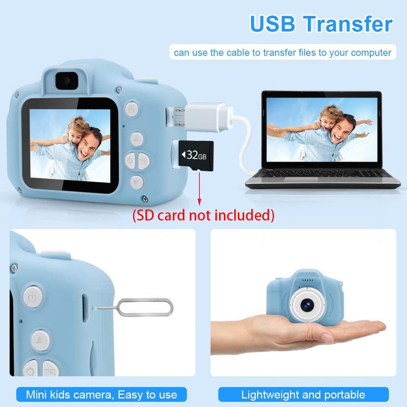 Kids Camera, 1080P Video 2.0-inch Screen Front and Rear Camera Digital Cameras for Boys and Girls Gift Age 3-9 Years,Blue