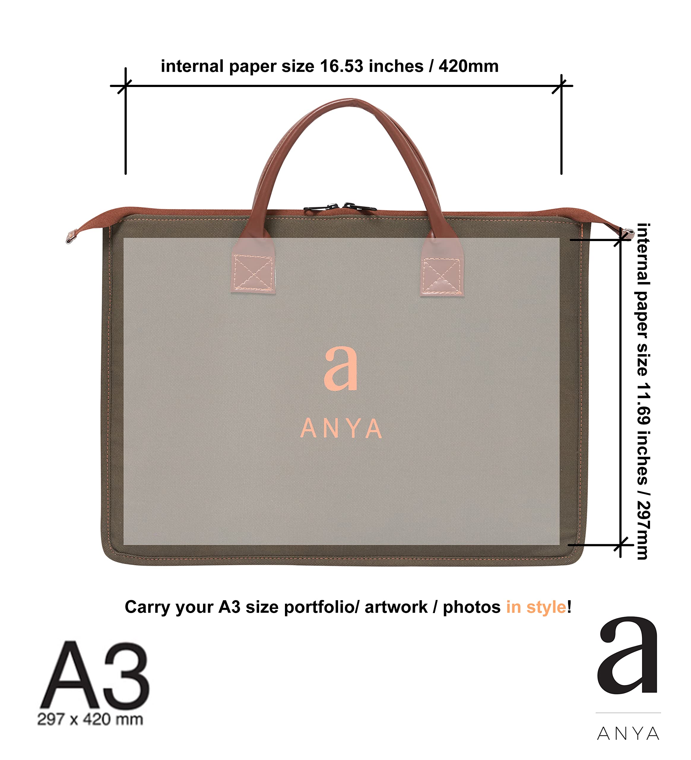 ANYA Art portfolio bag, artist carrying case, storage bag for artwork, posters with zipper and handles, light weight art bag for professionals, students KONST