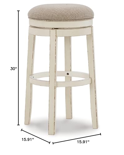 Signature Design by Ashley Realyn French Country Upholstered Swivel Bar Height Bar Stool with Foam Cushioned Seat, White & Beige