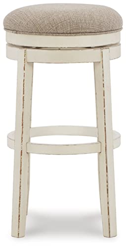 Signature Design by Ashley Realyn French Country Upholstered Swivel Bar Height Bar Stool with Foam Cushioned Seat, White & Beige
