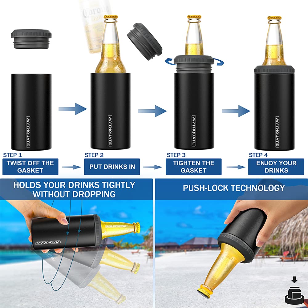 3 in 1 Slim Can Cooler for 12 OZ Skinny Can, Regular Can & Beer Bottle - Keep Cold for 6 Hours - Double Walled Insulated Stainless Steel Vacuum Beverage Can Insulator (Matte Black)
