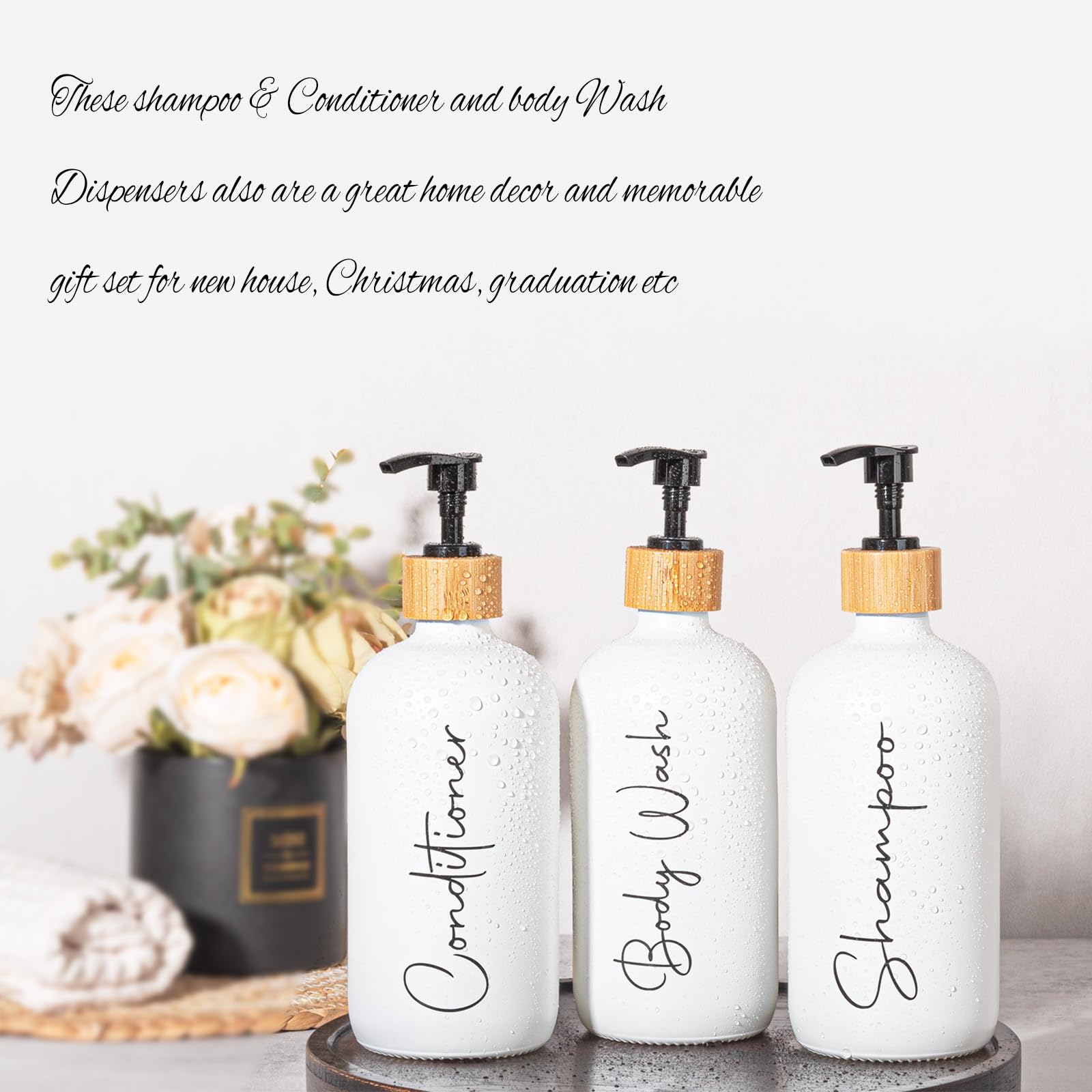 Glass Shampoo and Conditioner Pump Bottles Soap Dispenser Bamboo Pump Head Empty Glass Refillable Shampoo Conditioner Body Wash Soap Bottles for Bathroom, 17 oz, 3 Pack, White