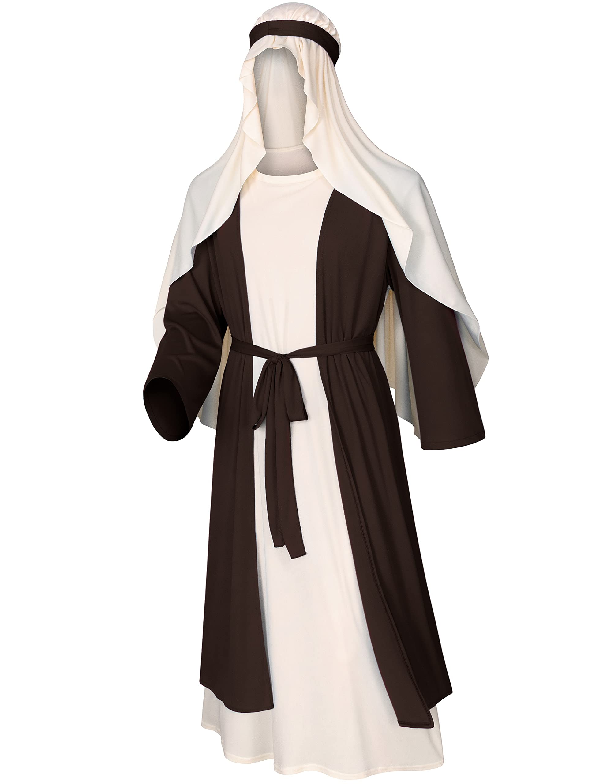 Irtysh Mens Biblical Saint Joseph Costume Jesus Robe Sherherd Costume Staffs Headwrap Hat Waist Rope Set(Brown M)