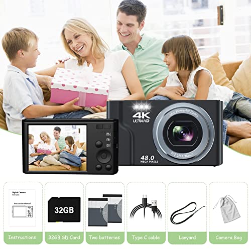 Digital Camera, FHD 4K Digital Camera for Kids & Adult, 48MP Vlogging Cameras for Photography, Small Compact Point and Shoot Digital Camera with 32GB SD Card for Beginners,Kids and Teens-Black
