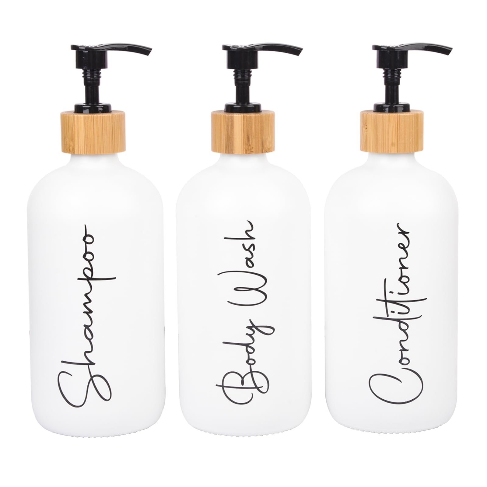 Glass Shampoo and Conditioner Pump Bottles Soap Dispenser Bamboo Pump Head Empty Glass Refillable Shampoo Conditioner Body Wash Soap Bottles for Bathroom, 17 oz, 3 Pack, White