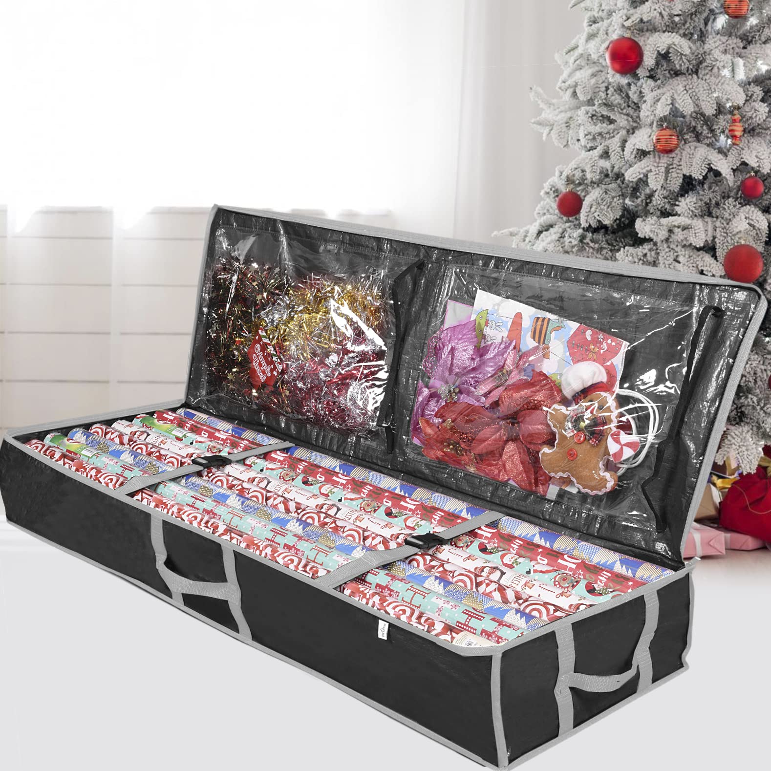 ProPik Wrapping Paper Storage Containers | Gift Wrap Organizer Under Bed 41”x14”x6” Fits 18-24 Rolls Fit Up to 40” Long Roll Wrap Storage Box Holder with Pockets for Ribbon Bows & Accessories (Black)