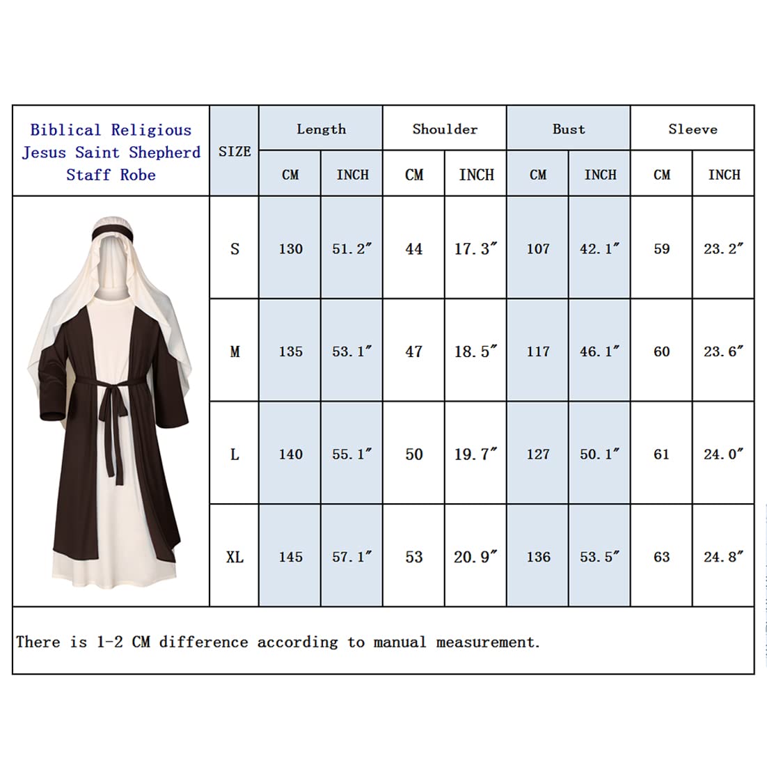 Irtysh Mens Biblical Saint Joseph Costume Jesus Robe Sherherd Costume Staffs Headwrap Hat Waist Rope Set(Brown M)