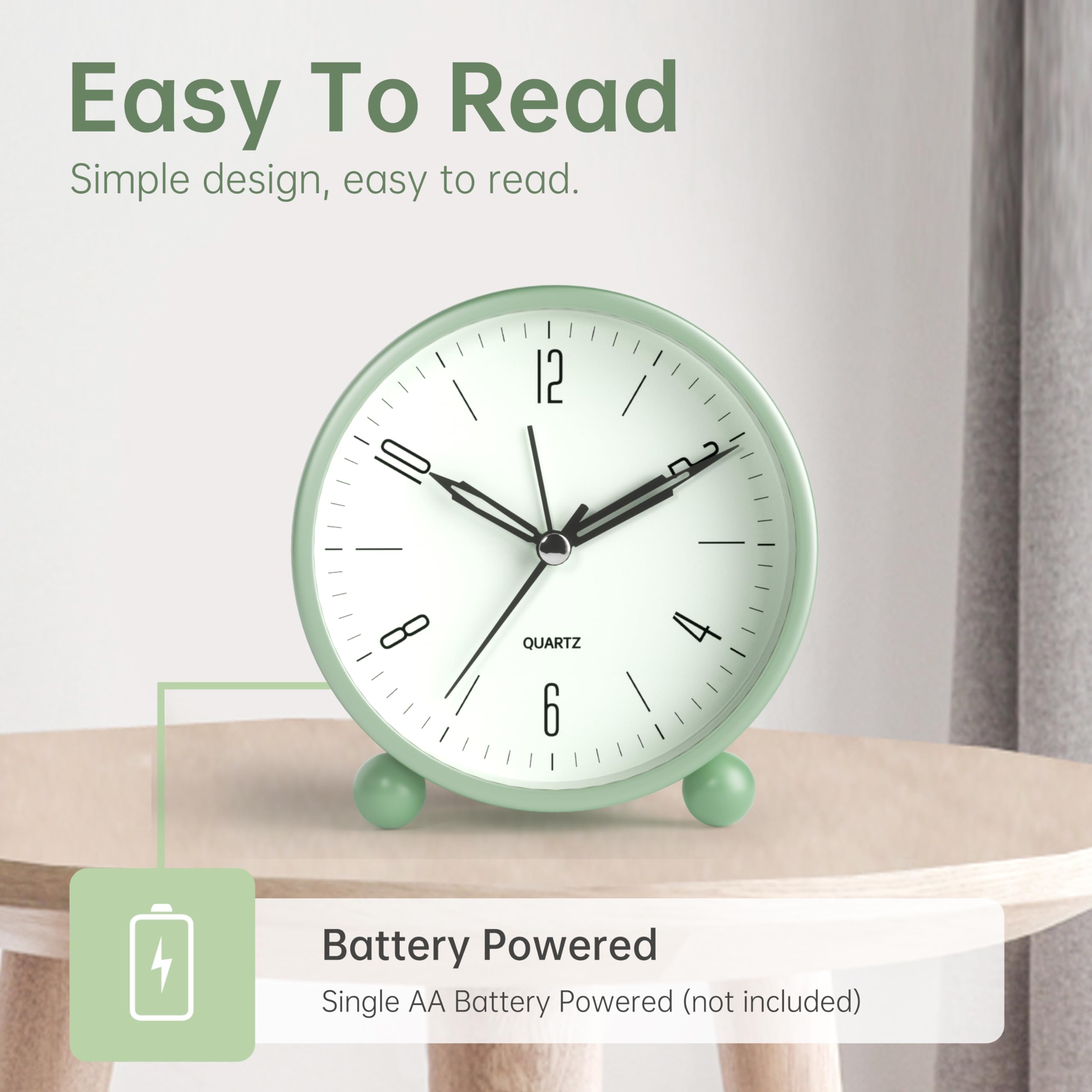 Analog Alarm Clock, 4 inch Super Silent Non Ticking Small Clock with Night Light, Battery Operated, Simply Design, for Bedroon, Bedside, Desk, (Green)