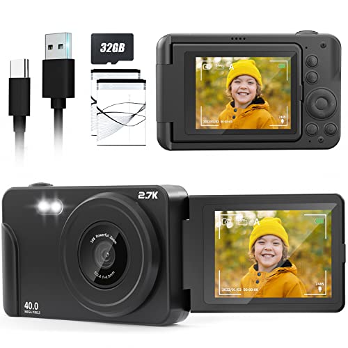 ESOXOFFORE Digital Camera for Teens,2.7K 40MP Autofocus Vlogging Camera with 180 Degree Flip Screen,16X Digital Zoom Compact Portable Video Camera for 8-15 Year Old Kids Student Boys Girls (Black)