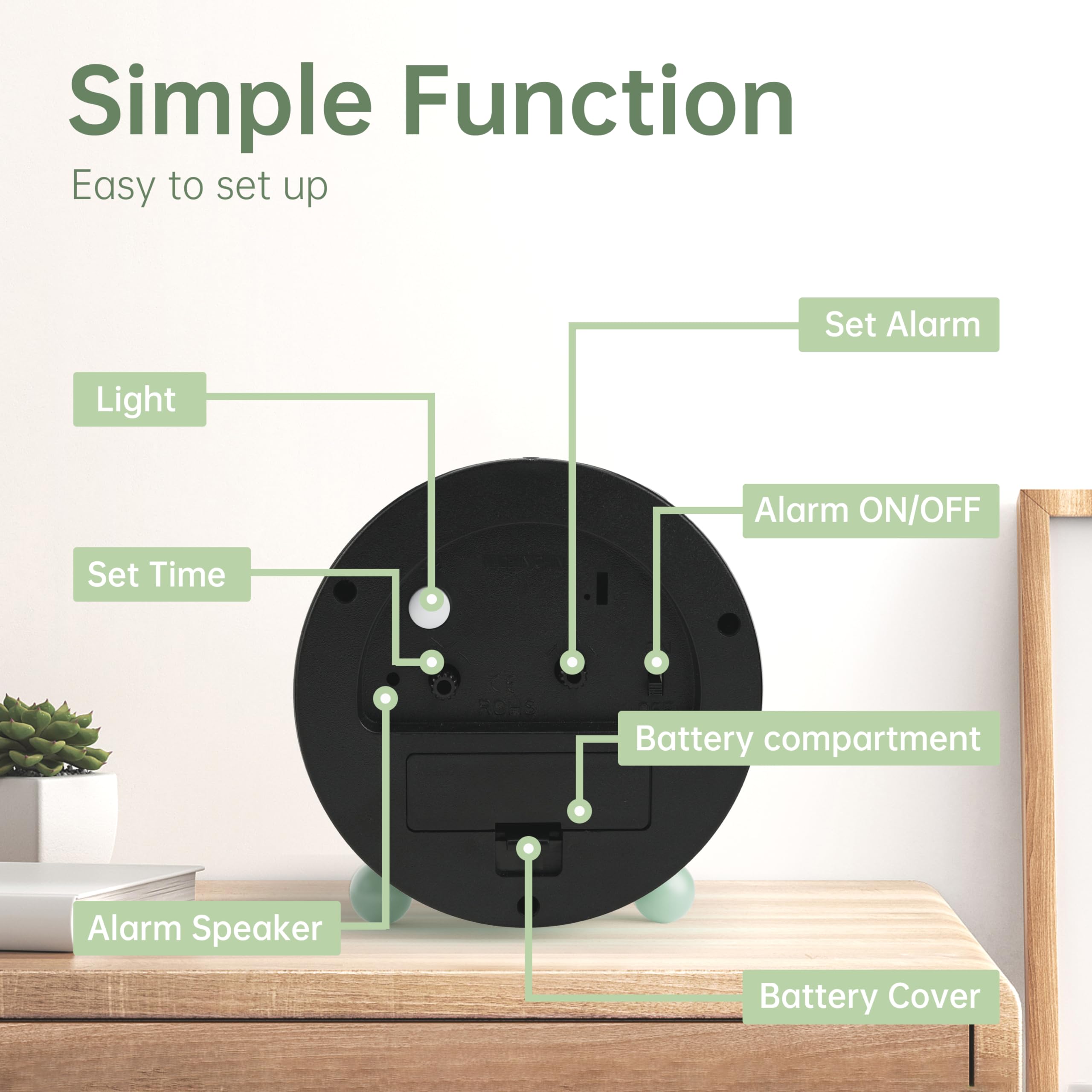 Analog Alarm Clock, 4 inch Super Silent Non Ticking Small Clock with Night Light, Battery Operated, Simply Design, for Bedroon, Bedside, Desk, (Green)