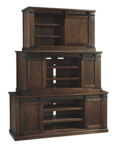 Signature Design by Ashley Budmore Rustic TV Stand Fits TVs up to 68", 2 Sliding Barn Doors and 6 Storage Shelves, Dark Brown