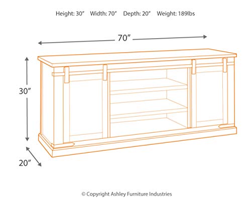 Signature Design by Ashley Budmore Rustic TV Stand Fits TVs up to 68", 2 Sliding Barn Doors and 6 Storage Shelves, Dark Brown