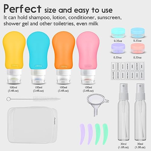 Moneybility 18 Pack 3.4oz Travel Bottles Set for Toiletries,TSA Approved Leak Proof Silicone Squeezable Containers for Toiletries,Conditioner, Shampoo, Lotion & Body Wash Accessories(Purple)