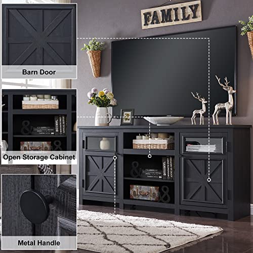 JXQTLINGMU Farmhouse TV Stand for 75 Inch TV, Entertainment Center with Storage, Modern TV Cabinet with Barn Doors, 66" Rustic TV Console for Living Room, Adjustable Shelf - Black