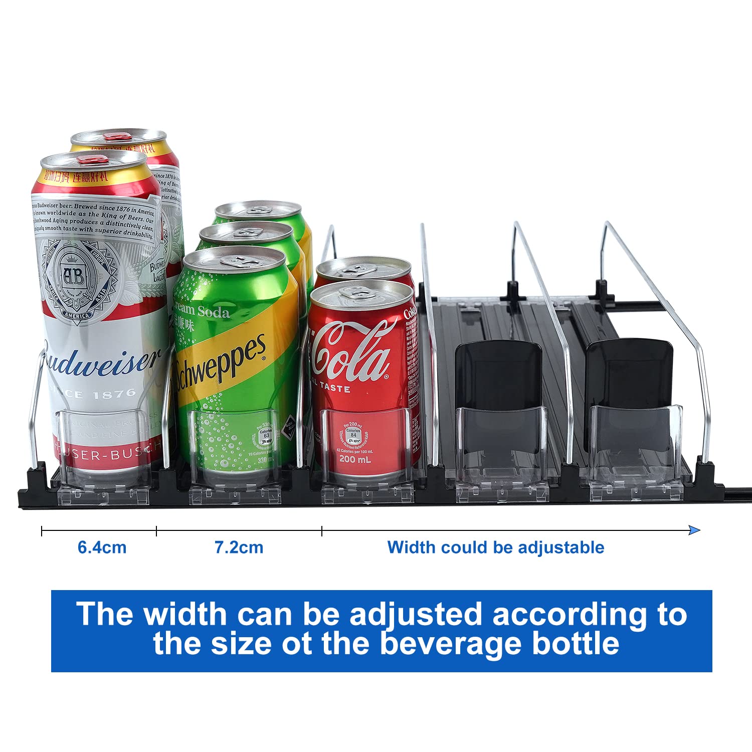 BUDO Drink Dispenser for Fridge, Soda Can Self-Pushing Organizer, Adjustable Width Beer Pop Water Bottle Storage for Refrigerator Kitchen Pantry (15inch, 5 Rows)