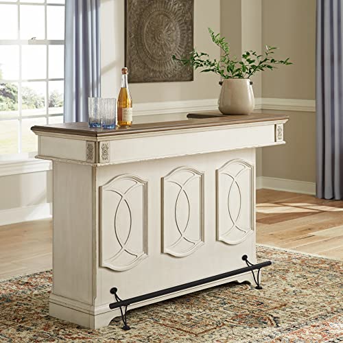 Signature Design by Ashley Realyn French Country Bar with Metal Footrest, White & Beige