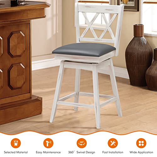 COSTWAY Bar Stool Set of 2, 360° Swivel Counter Height 25inch Bar Stool with Foot Rest Upholstered Cushion & Ergonomic Backrest, Sturdy Frame, for Pub, Restaurant, Home (2, Antique White + Grey)