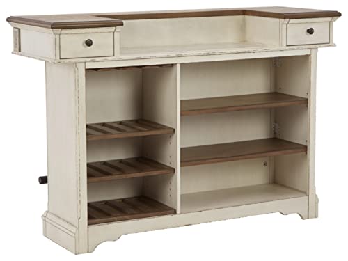 Signature Design by Ashley Realyn French Country Bar with Metal Footrest, White & Beige