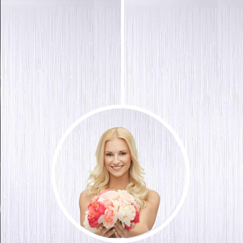 Moohome 2 Pack White Foil Fringe Curtain, Fringe Backdrop Curtains for Birthday Wedding Engagement Bridal Shower Bachelorette Party Decorations