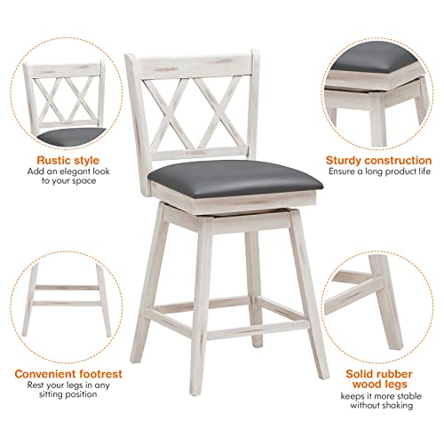 COSTWAY Bar Stool Set of 2, 360° Swivel Counter Height 25inch Bar Stool with Foot Rest Upholstered Cushion & Ergonomic Backrest, Sturdy Frame, for Pub, Restaurant, Home (2, Antique White + Grey)