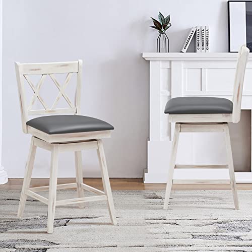 COSTWAY Bar Stool Set of 2, 360° Swivel Counter Height 25inch Bar Stool with Foot Rest Upholstered Cushion & Ergonomic Backrest, Sturdy Frame, for Pub, Restaurant, Home (2, Antique White + Grey)