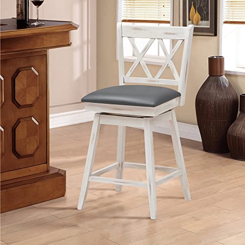 COSTWAY Bar Stool Set of 2, 360° Swivel Counter Height 25inch Bar Stool with Foot Rest Upholstered Cushion & Ergonomic Backrest, Sturdy Frame, for Pub, Restaurant, Home (2, Antique White + Grey)