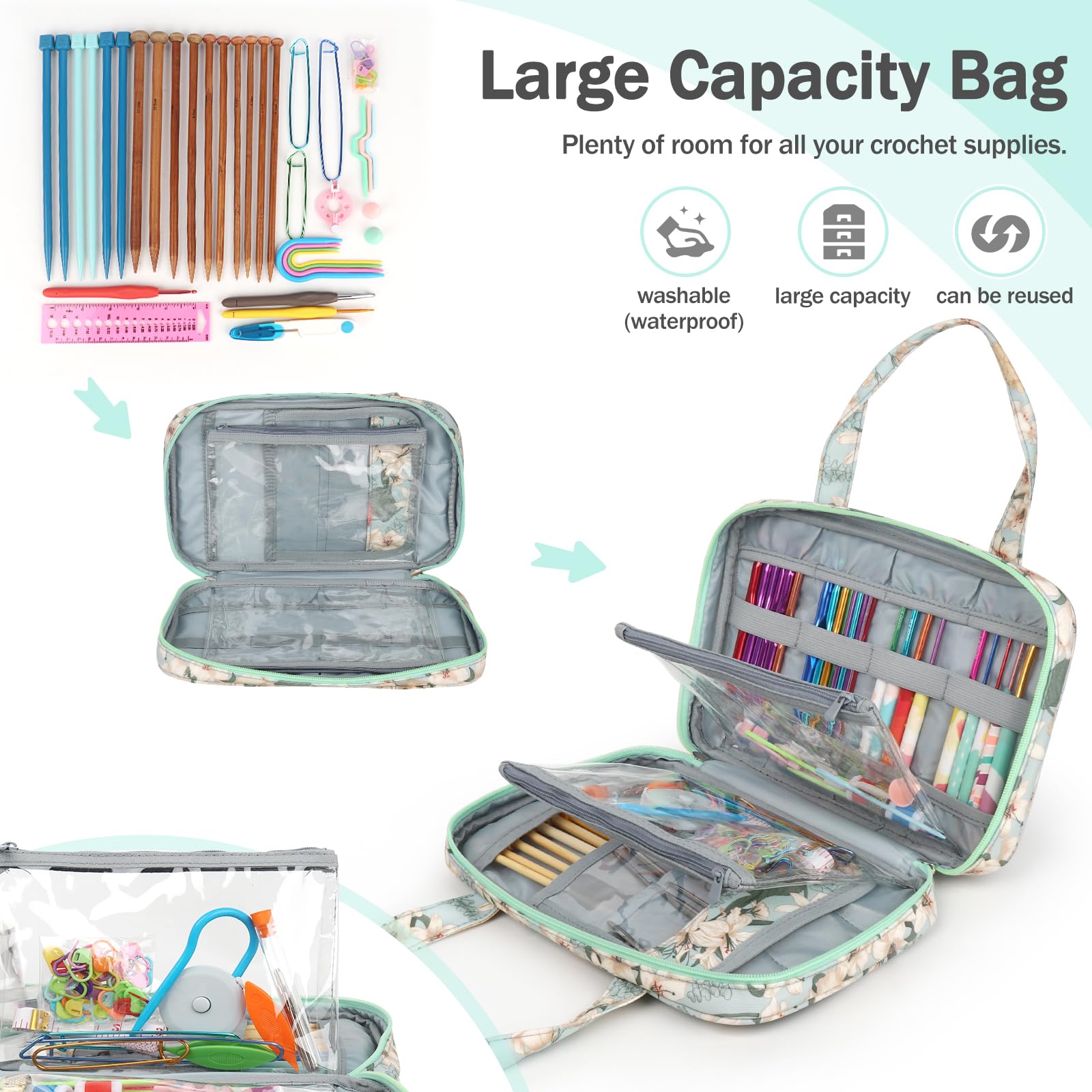 Katech Crochet Hooks Bag Portable Travel Storage Cases Organizer Empty Zipper Bags Knitting Needles Case with Knitting Needles Slots, Crochet Hooks Slots and Transparent Zipper Pockets