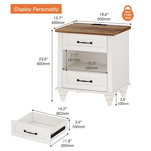 WAMPAT Set of 2 White Nightstands with Charging Station & 2 Drawers, Mid Century Modern End Tables Side Table for Living Room, Wooden Nightstand Bedside Table for Bedroom & Dorm