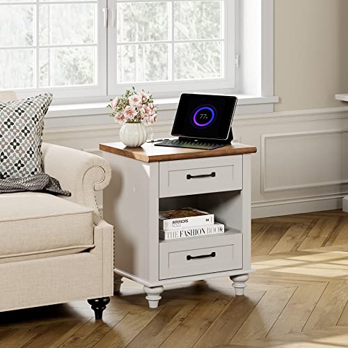WAMPAT Set of 2 White Nightstands with Charging Station & 2 Drawers, Mid Century Modern End Tables Side Table for Living Room, Wooden Nightstand Bedside Table for Bedroom & Dorm
