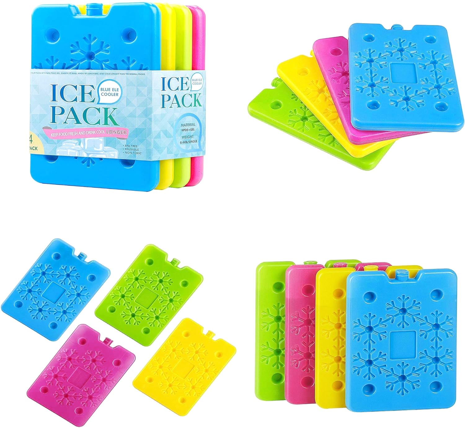 BLUE ELE BE01 Ice Pack for Lunch Box and Cooler, BPA Free, Reusable and Long Lasting, Slim and Lightweight Design for Kids, Set of 4, Fun & Colorful