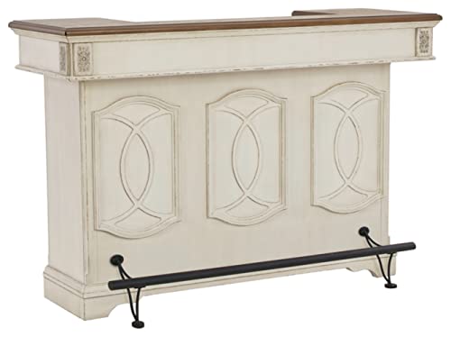 Signature Design by Ashley Realyn French Country Bar with Metal Footrest, White & Beige