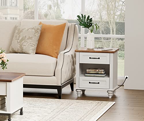WAMPAT Set of 2 White Nightstands with Charging Station & 2 Drawers, Mid Century Modern End Tables Side Table for Living Room, Wooden Nightstand Bedside Table for Bedroom & Dorm