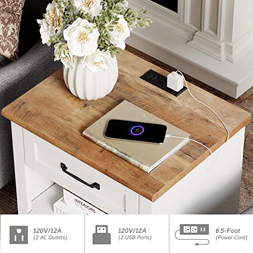 WAMPAT Set of 2 White Nightstands with Charging Station & 2 Drawers, Mid Century Modern End Tables Side Table for Living Room, Wooden Nightstand Bedside Table for Bedroom & Dorm