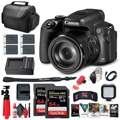 Canon PowerShot SX70 HS Digital Camera (3071C001) + 2 x 64GB Card + Corel Photo Software + 3 x LPE12 Battery + Charger + Card Reader + LED Light + HDMI Cable + Deluxe Soft Bag + More (Renewed)