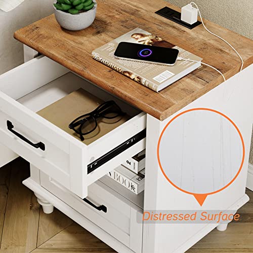 WAMPAT Set of 2 White Nightstands with Charging Station & 2 Drawers, Mid Century Modern End Tables Side Table for Living Room, Wooden Nightstand Bedside Table for Bedroom & Dorm