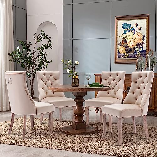 FOREDO Velvet Dining Chairs Set of 2, Upholstered Tufted Dining Chairs with Back Ring Pull Trim and Solid Wood Legs, Tan