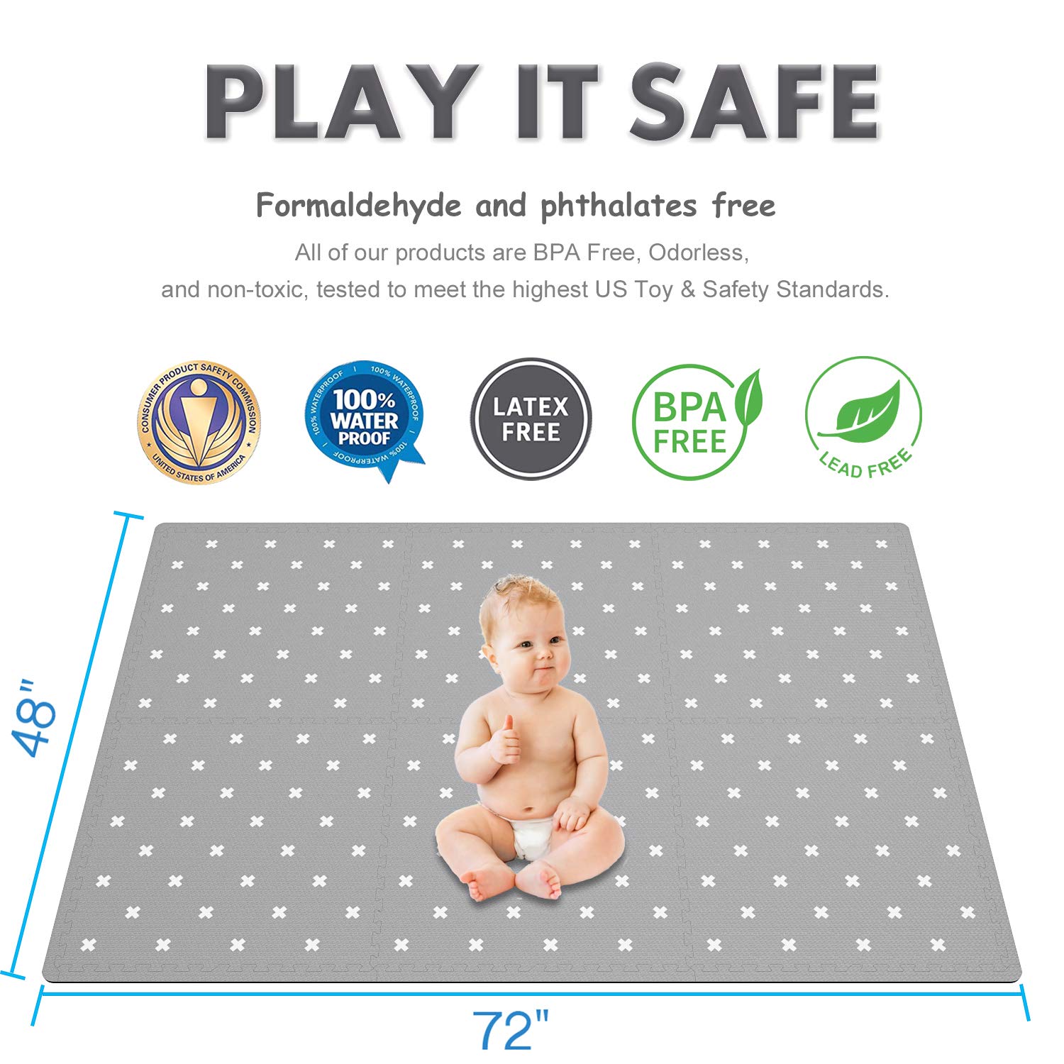 TCBunny Extra Large Baby Foam Play Mat - 4FT x 6FT Non-Toxic Puzzle Floor Mat for Kids & Toddlers, Waterproof Expandable Tiles with Edges (Grey with White Cross)