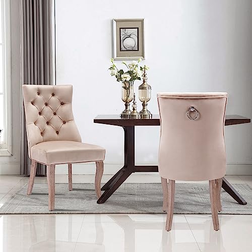 FOREDO Velvet Dining Chairs Set of 2, Upholstered Tufted Dining Chairs with Back Ring Pull Trim and Solid Wood Legs, Tan