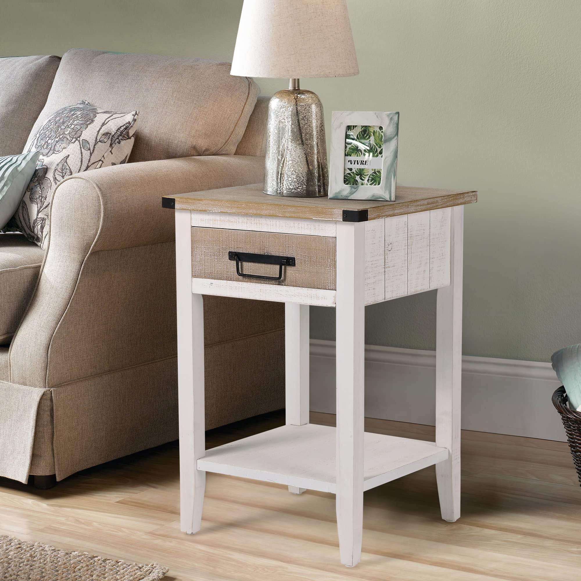 RUSTOWN Farmhouse Bedside Table Set of 2, Rustic Nightstand with Drawers and Open Shelf, Side Table End Tables for Bedroom/Living Room/Lounge (Vintage White)