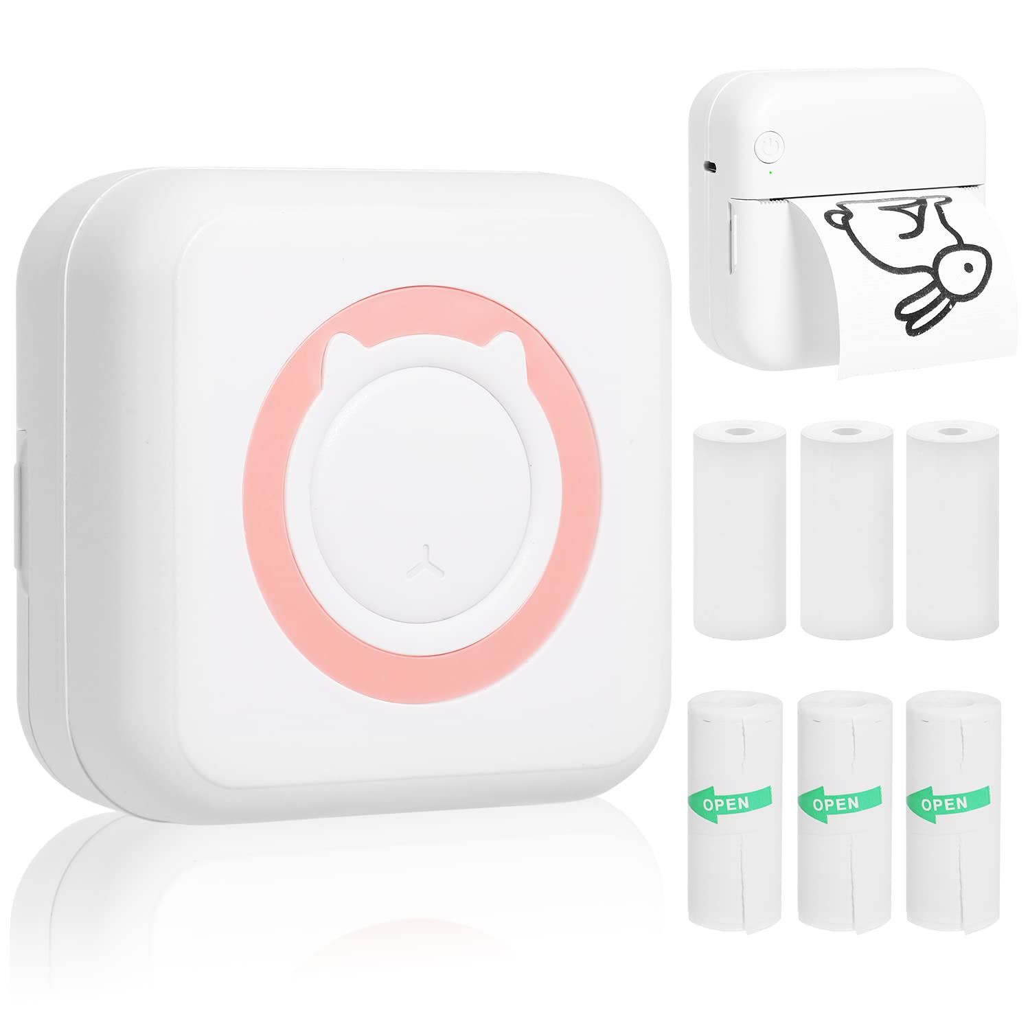 AURTEC Mini Thermal Printer, Portable Wireless Bluetooth Inkless Printer with 3 Rolls of Sticker and 3 Rolls of Thermal Paper, Compatible with Android/iOS, Pocket Printer for Memo, Photo and More Pink