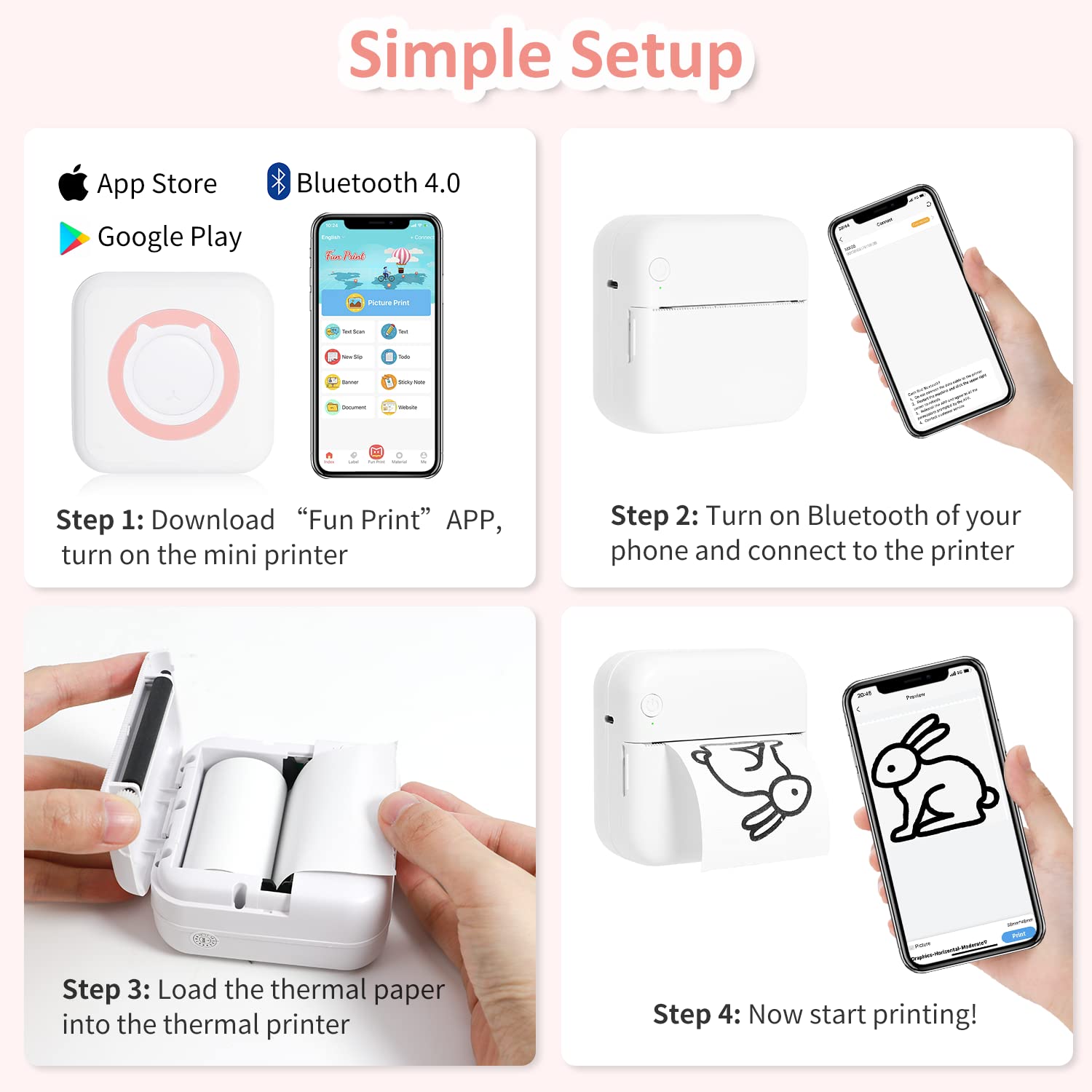 AURTEC Mini Thermal Printer, Portable Wireless Bluetooth Inkless Printer with 3 Rolls of Sticker and 3 Rolls of Thermal Paper, Compatible with Android/iOS, Pocket Printer for Memo, Photo and More Pink