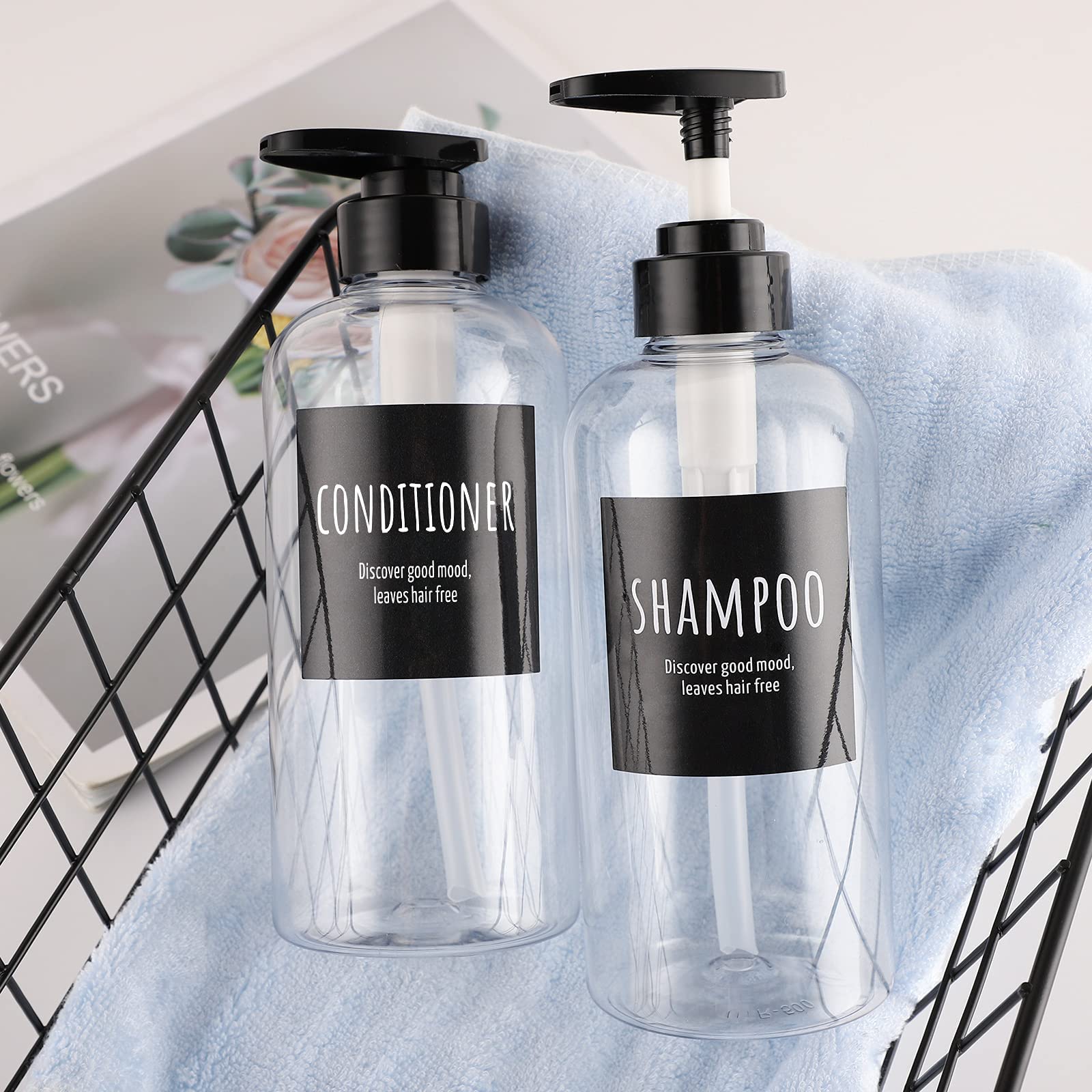 Shampoo and Conditioner Bottles, Segbeauty 2 Pack 16.9oz Refillable Shampoo Bottles, 500ml Labeled Clear Shower Bottles Refillable, Large Empty Plastic Bathroom Soap Lotion Shampoo Dispenser with Pump