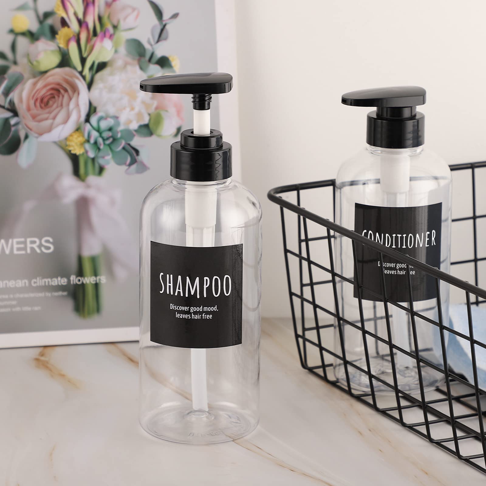 Shampoo and Conditioner Bottles, Segbeauty 2 Pack 16.9oz Refillable Shampoo Bottles, 500ml Labeled Clear Shower Bottles Refillable, Large Empty Plastic Bathroom Soap Lotion Shampoo Dispenser with Pump